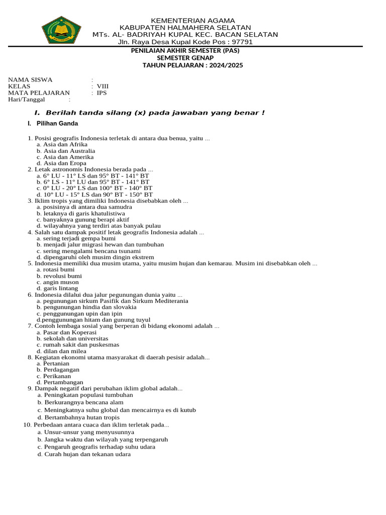 Soal PAS IPS Kelas 8 2024 | PDF