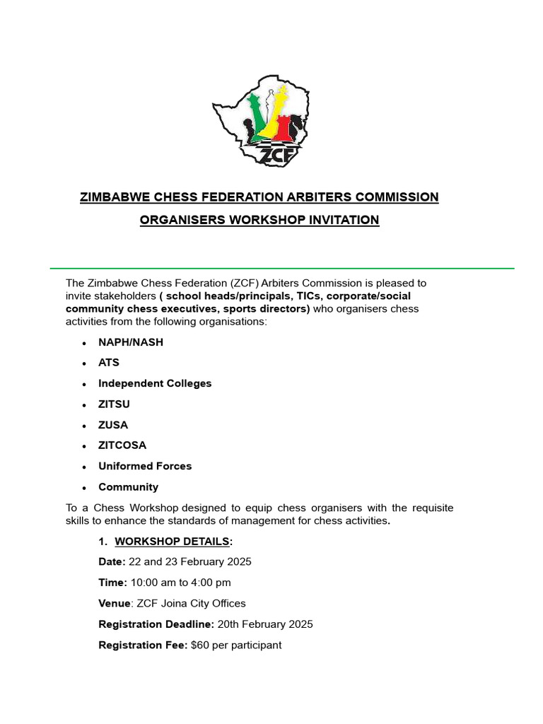 Zimbabwe Chess Federation Organisers Workshop 22-23 February 2025 | PDF
