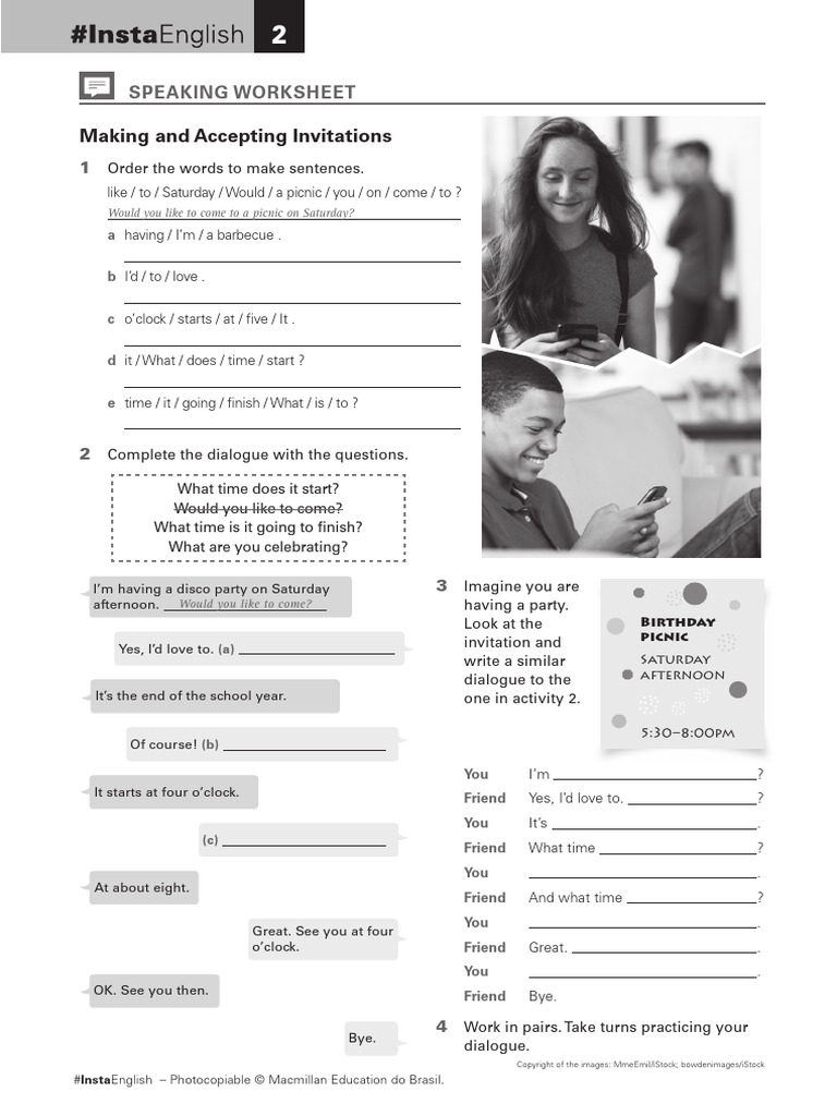 Insta 2 - Speaking Worksheet - Making and Accepting Invitations | PDF