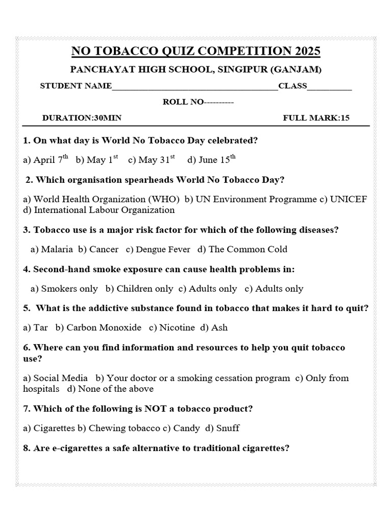 No Tobacco Quiz Competition | PDF