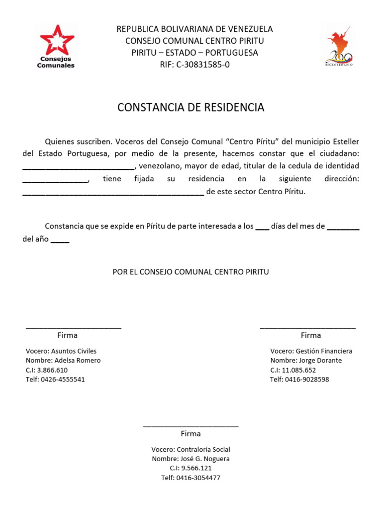 Constancia de Residencia - Consejo Comunal | PDF