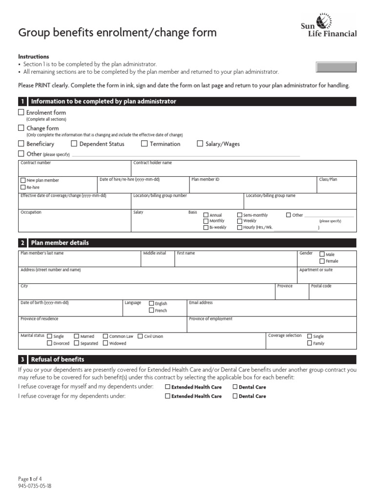 Sun Life Enrollment/Change Form | PDF | Life Insurance | Trustee