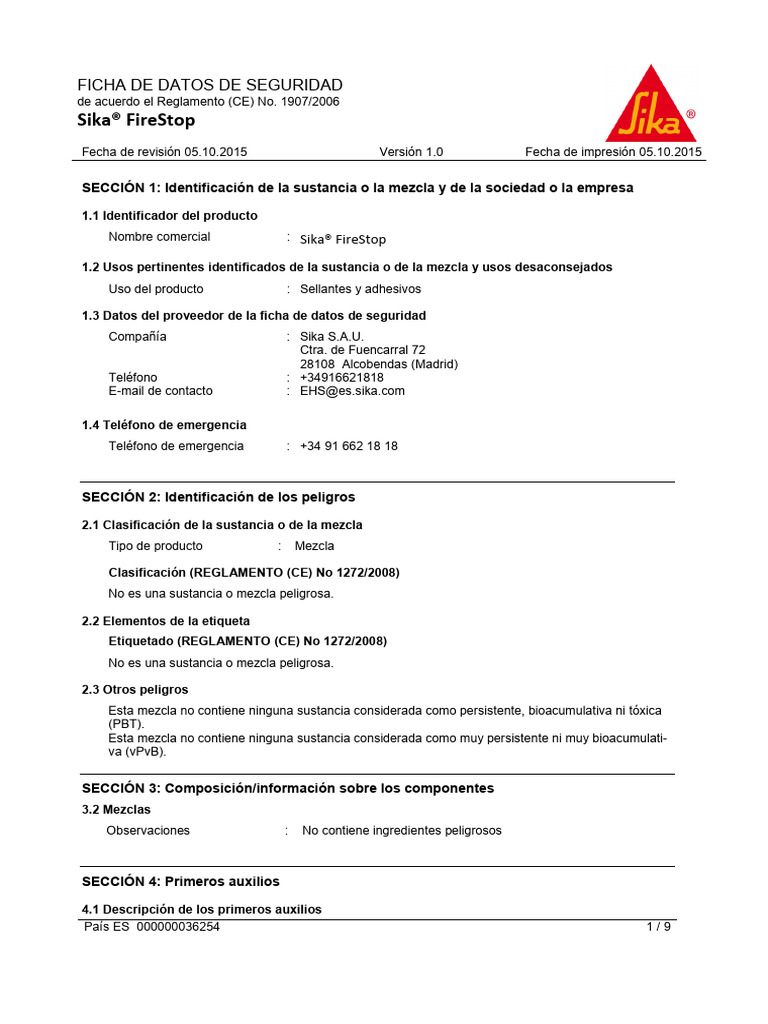 Hds Sika Firestop | PDF | Residuos | Química