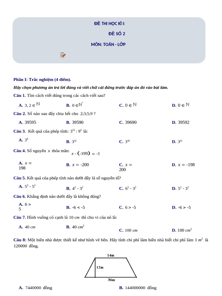 De Kiem Tra Hoc Ki 1 Toan 6 de So 2 Chan Troi Sang Tao 1669801023 | PDF