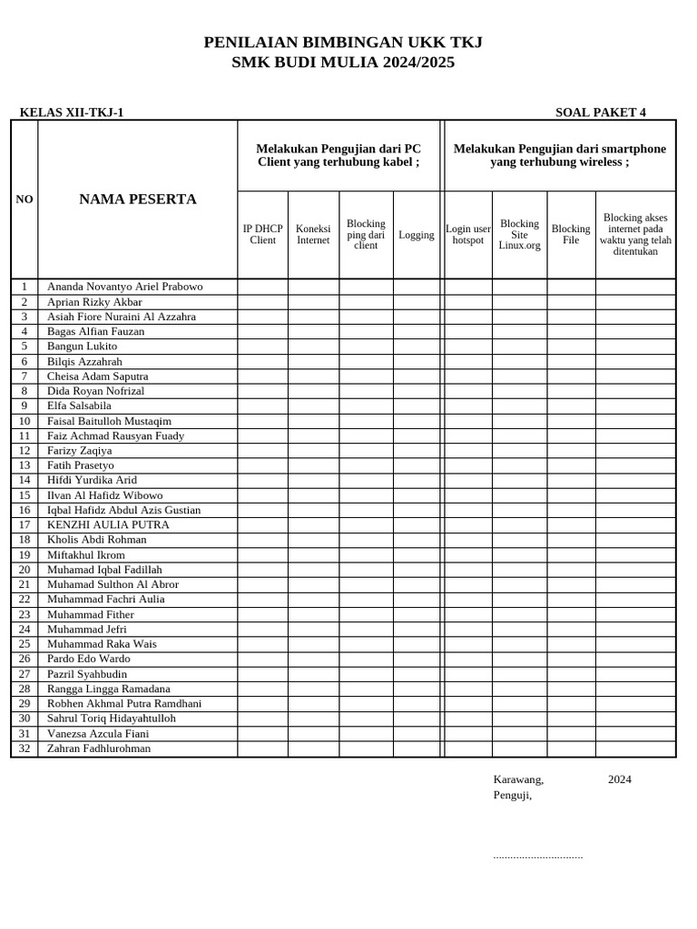 Penilaian Bimbingan Ukk TKJ Paket 4 2024-2025 | PDF
