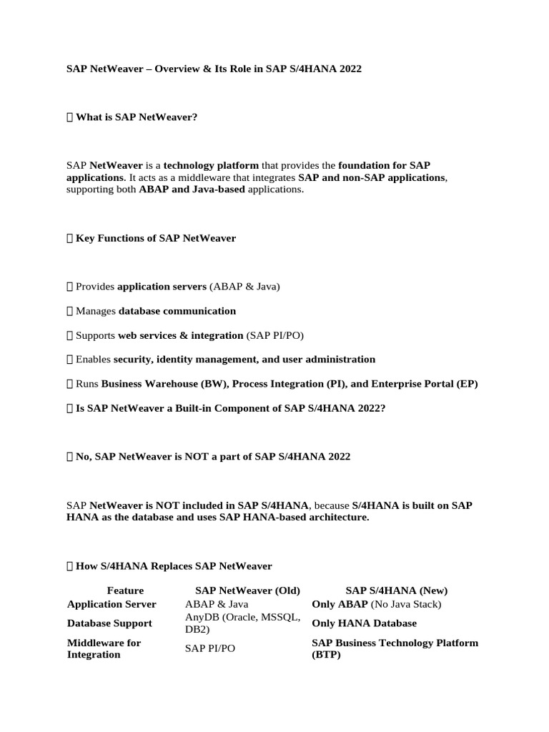 SAP NetWeaver Overview & S/4HANA Role | PDF