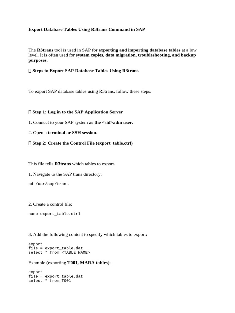 Export Database Tables Using R3trans Command In Sap Pdf Databases Computer File 