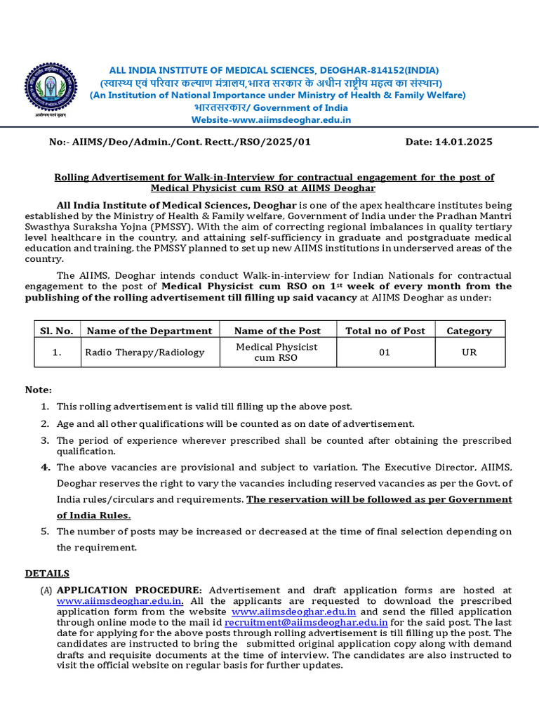 RSO Medical Physicist Vacancy at AIIMS Deoghar | PDF