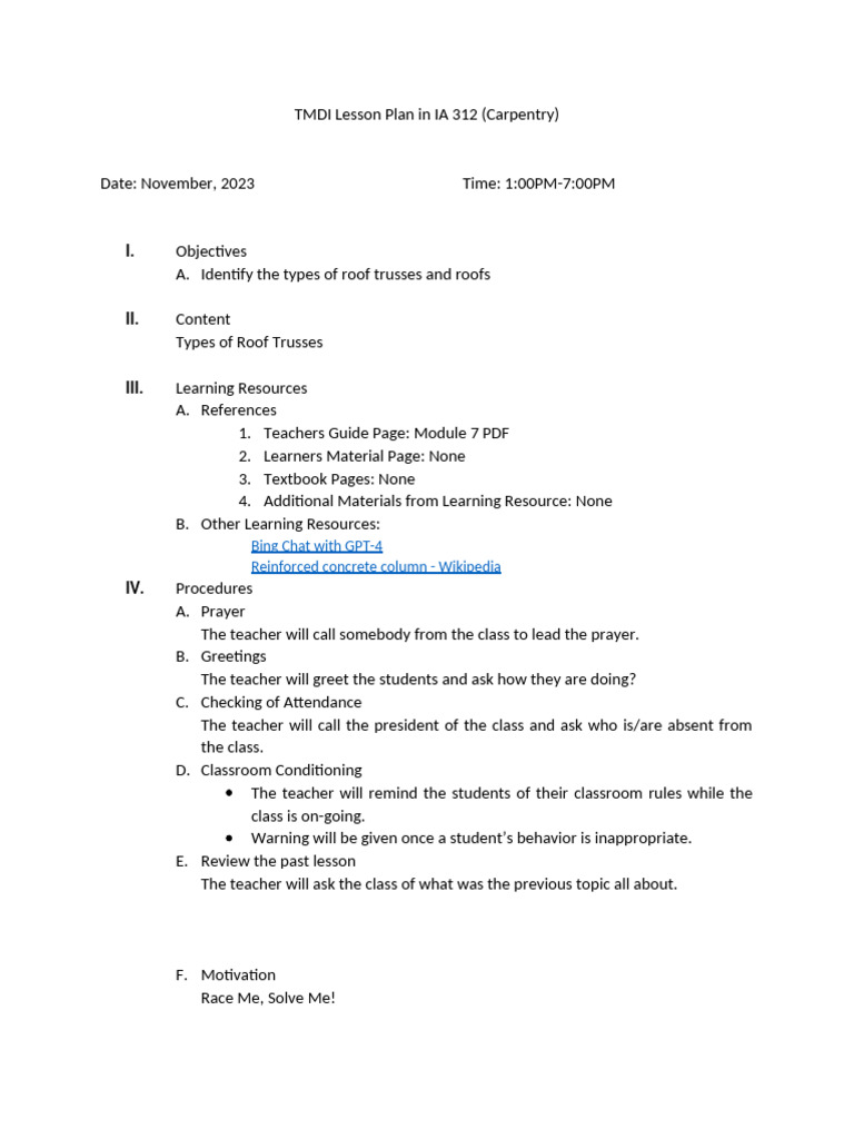 TMDI Lesson Plan in Masonry | PDF | Truss | Framing (Construction)