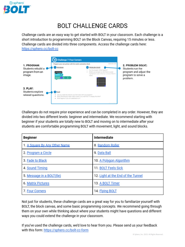 BOLT Challenge Cards for Classroom Use | PDF | Accelerometer | Color