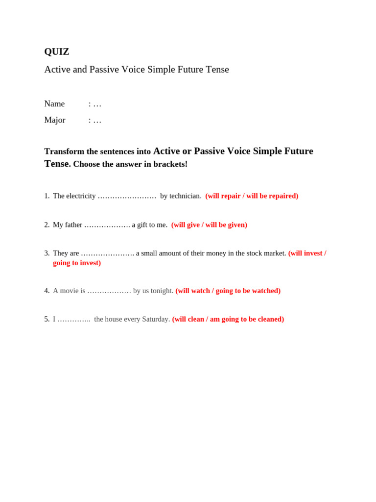 Quiz AV and PV Simple Future Tense - New | PDF