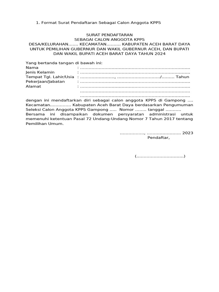 Format Dokumen Calon KPPS 2024 | PDF