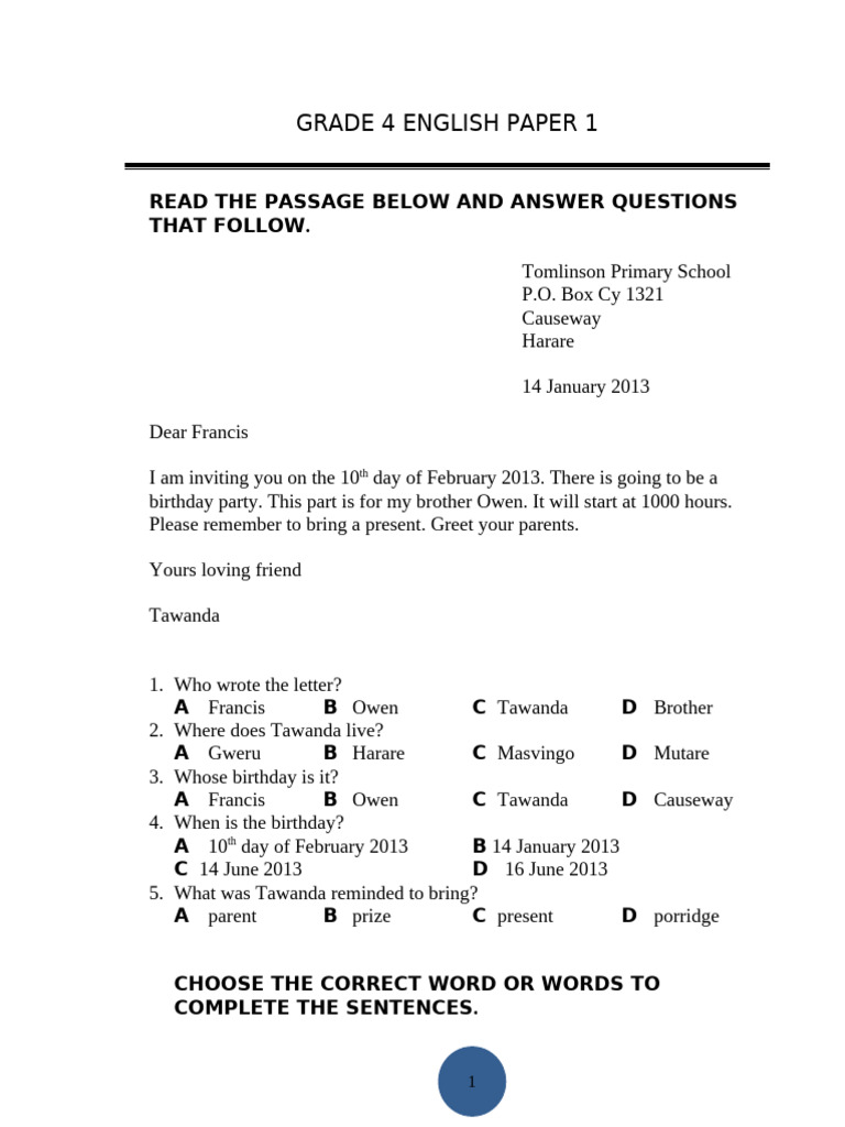 Grade 4 English Paper 1 - Mid Year 2013 | PDF | Holidays