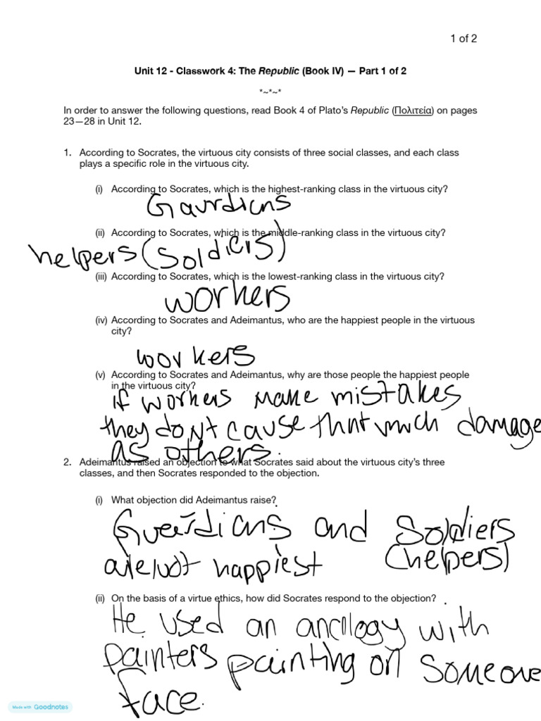 Unit 12 - Classwork 4: The (Book IV) - Part 1 of 2: Republic | PDF