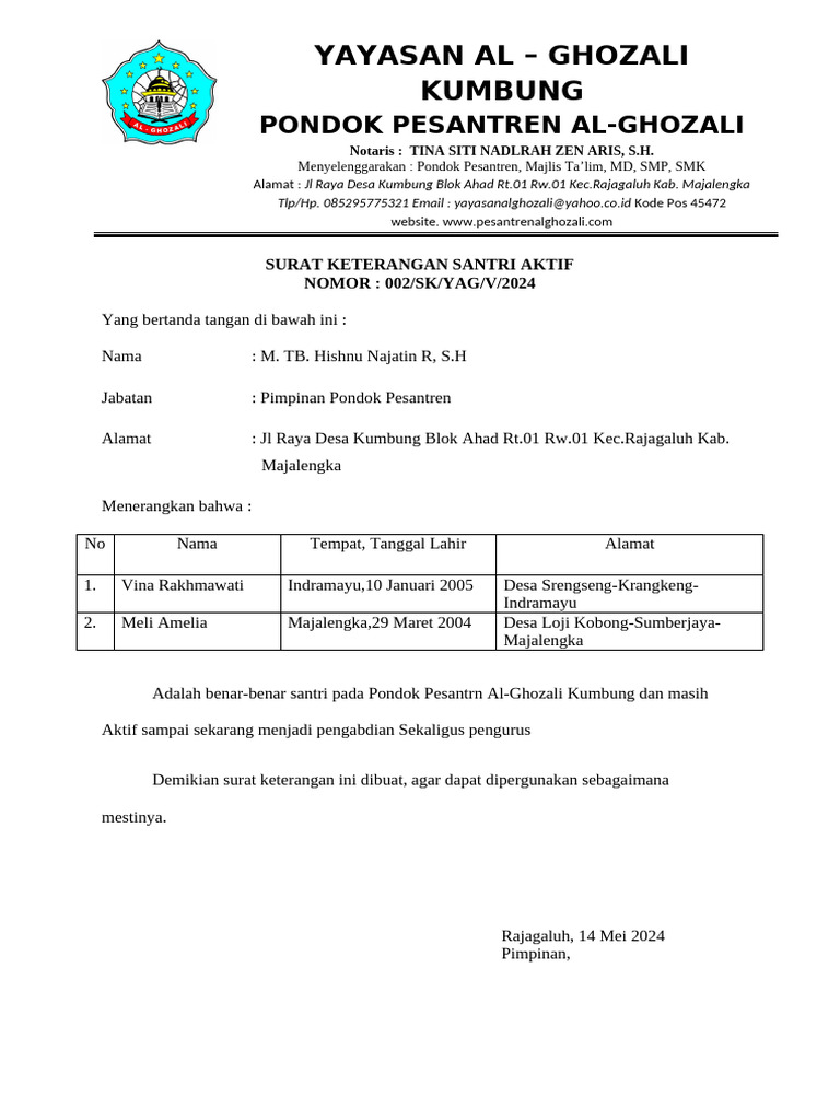Surat Keterangan Santri Aktif 2024 | PDF