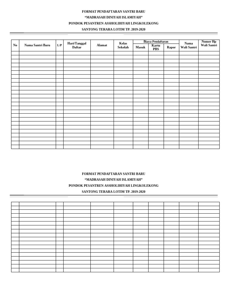 Format Pendaftaran Santri Baru | PDF