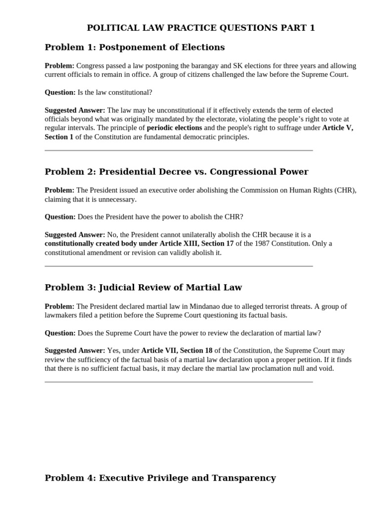 Political Law Practice Questions Part 1 | PDF | Presidents Of The ...