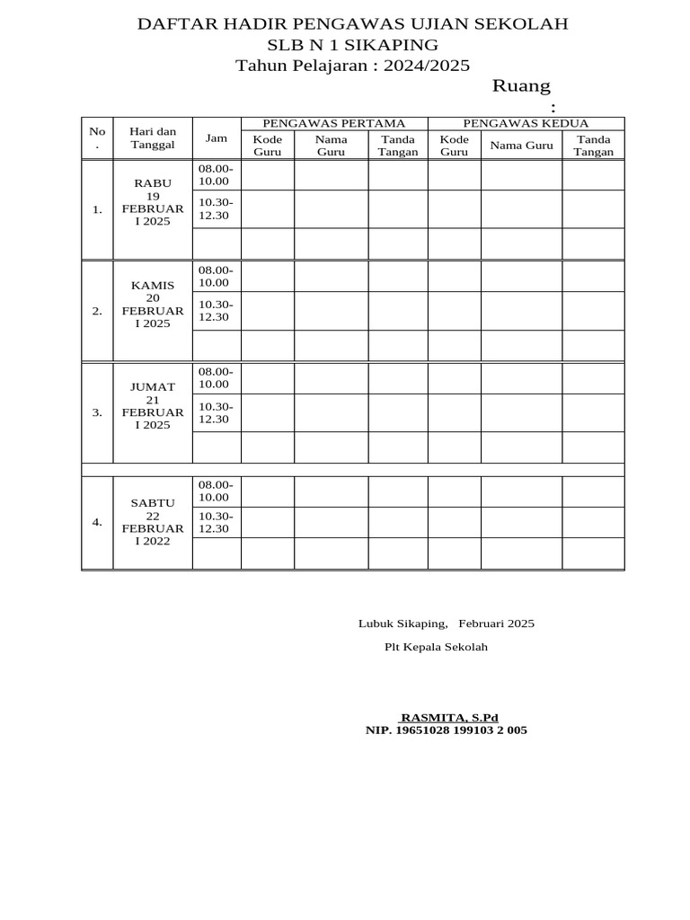 Daftar Hadir Pengawas Ujian Sekolah | PDF