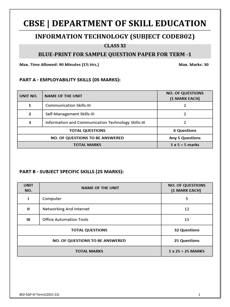 CBSE Class XI IT Term 1 Sample Paper | PDF | Computer Network | Bios