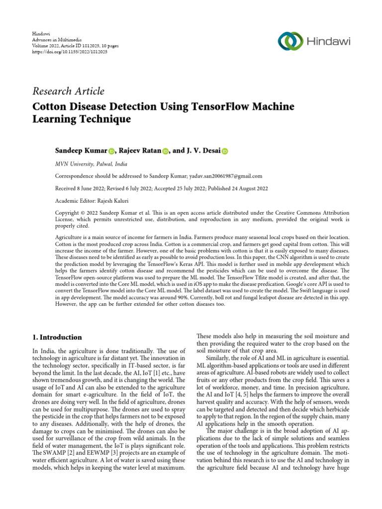 Cotton Disease Detection Using TensorFlow Machine | PDF | Mobile App | Agriculture