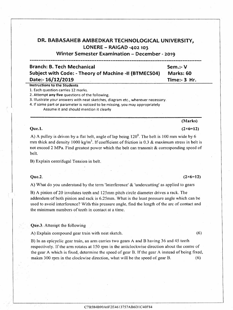Btech Me 5 Sem Theory of Machine 2 Btmec504 Dec 2019 | PDF
