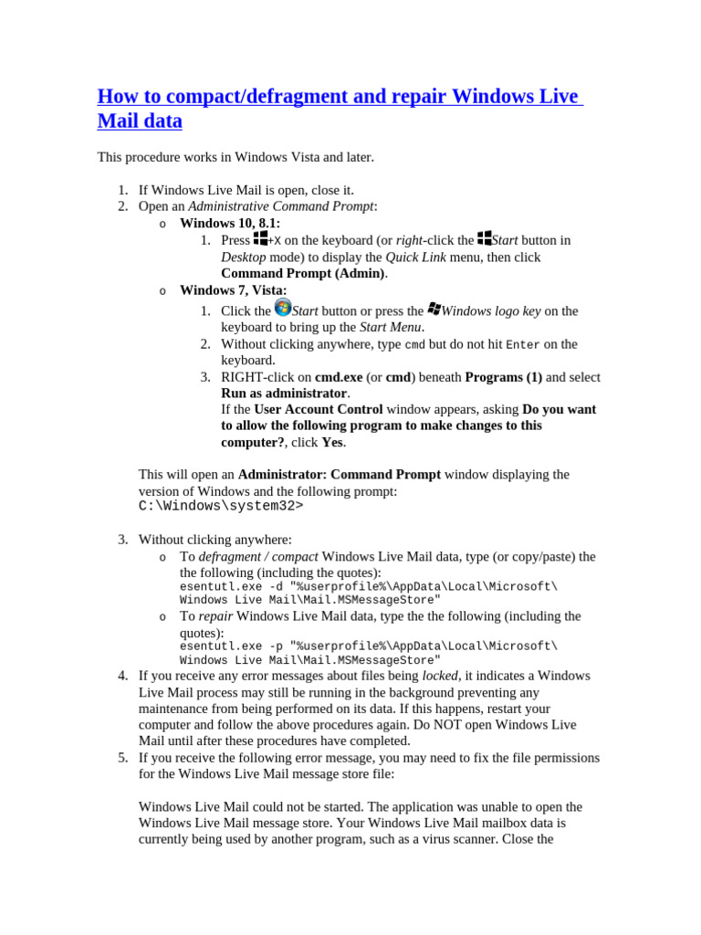 Repair and Defragment Windows Live Mail | PDF | Microsoft Windows | User (Computing)