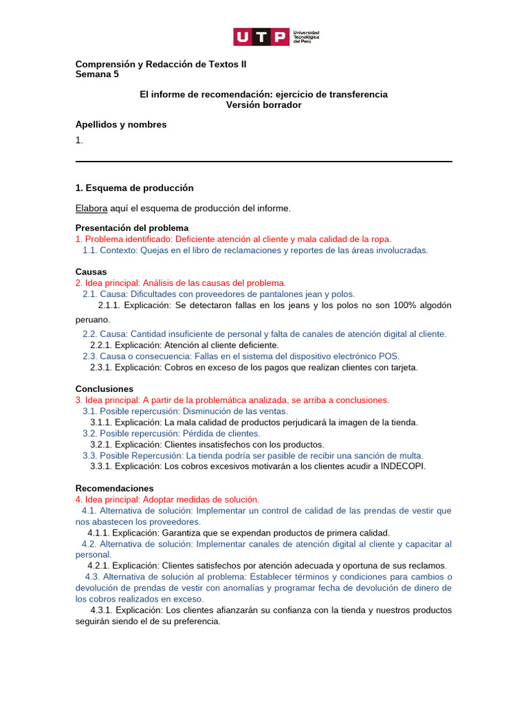 Semana 05 - Informe de Recomendación - Ejercicio de Transferencia - Borrador | PDF