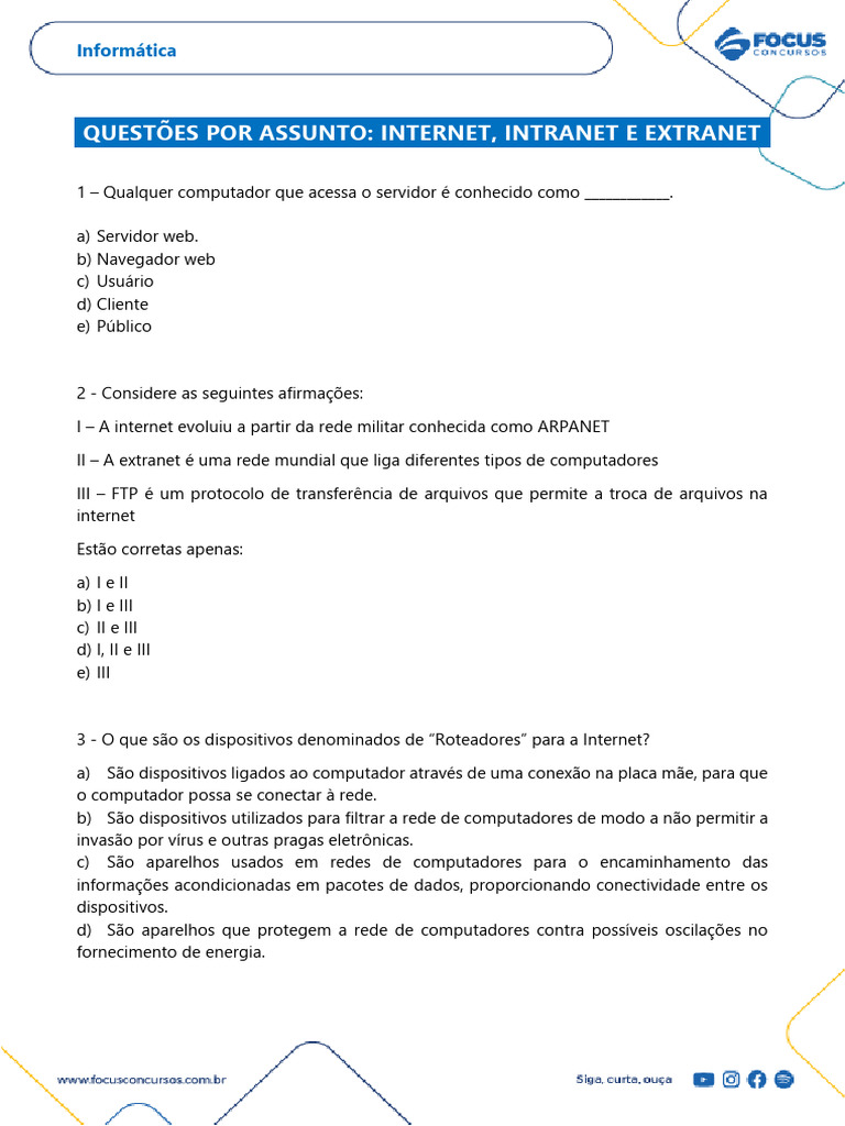 Questões Por Assunto Informática Araujo Internet Intranet e Extranet Pt01 a Pt03 | PDF ...