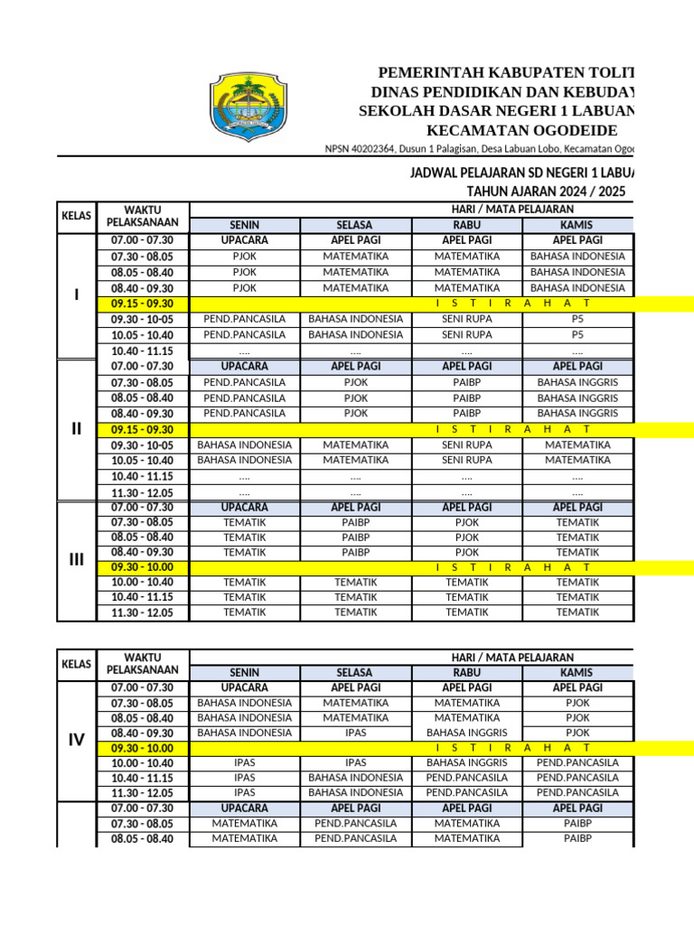 JADWAL PELAJARAN SD NEGERI 1 LABUAN LOBO | PDF