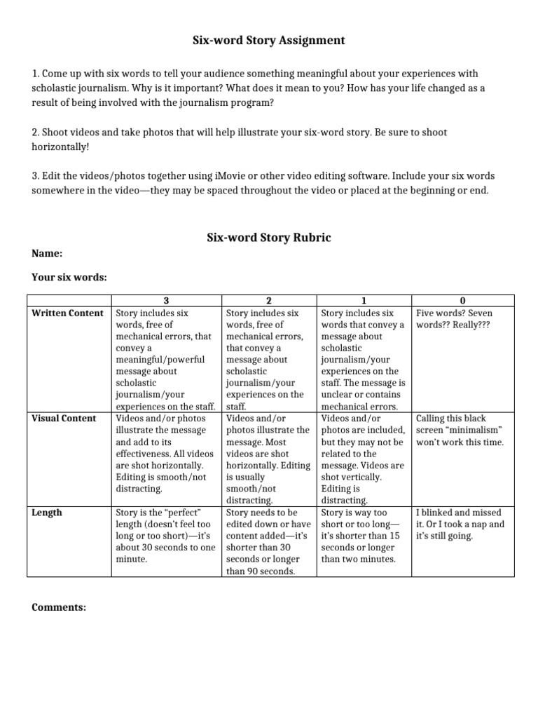 Six-Word Story Assignment Guide | PDF