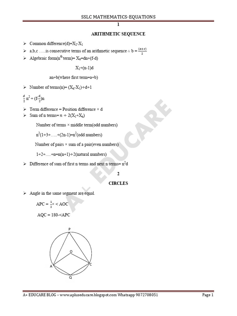 Class 10 Maths: Key Equations & Concepts | PDF | Numbers | Mathematical ...