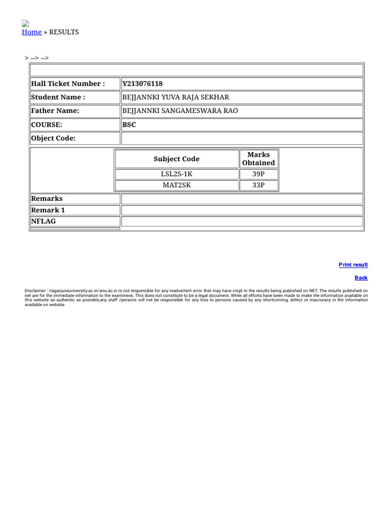 BSC Exam Results for Y213076118 | PDF