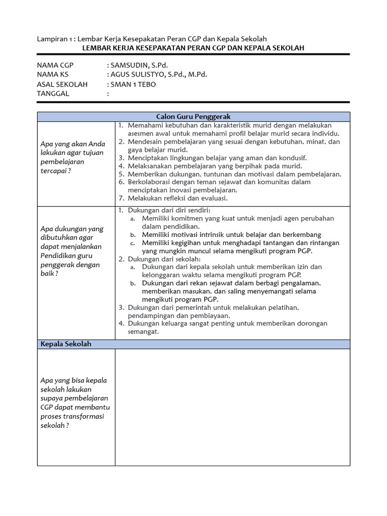 Lampiran 1 _ Lembar Kerja Kesepakatan Peran CGP Dan Kepala Sekolah | PDF