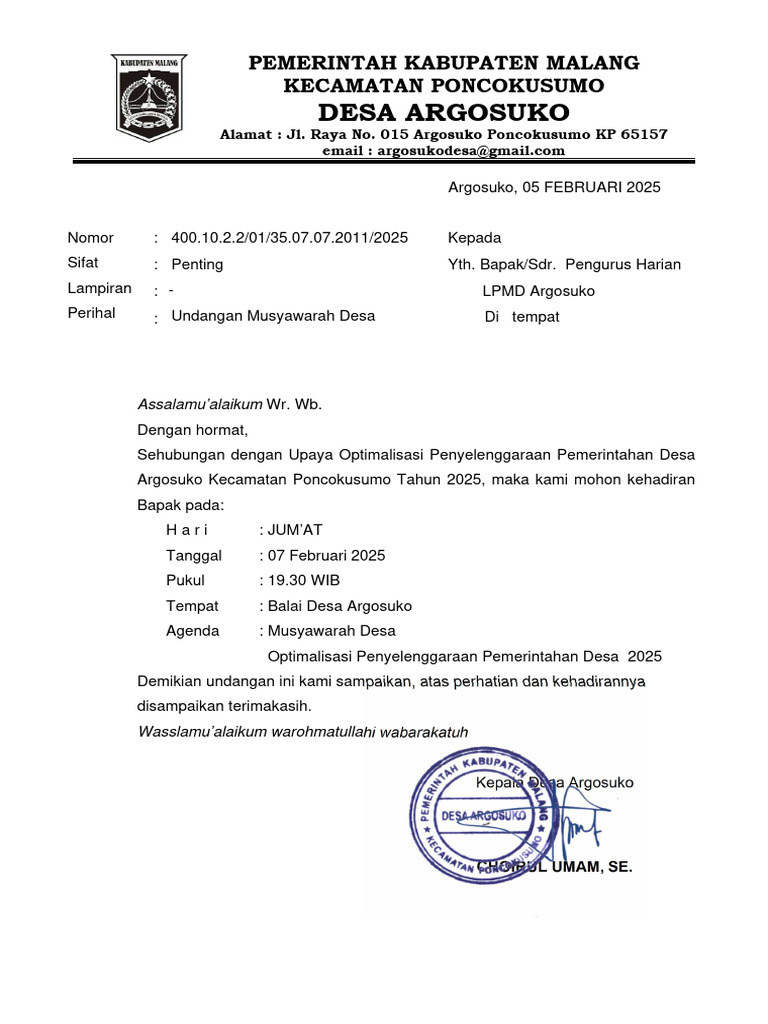Undangan Musyawarah Desa Argosuko 2025 | PDF
