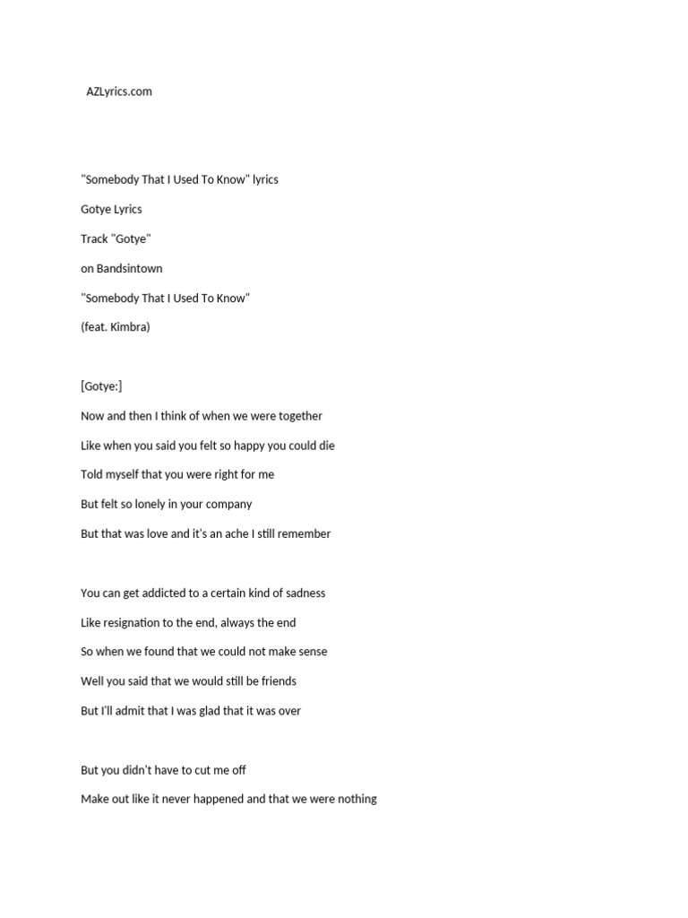 Lyrics - Somebody That I Used To Know | PDF