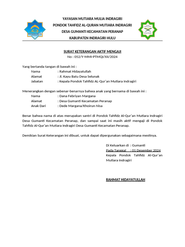 Surat Keterangan Aktif Mengaji Santri | PDF