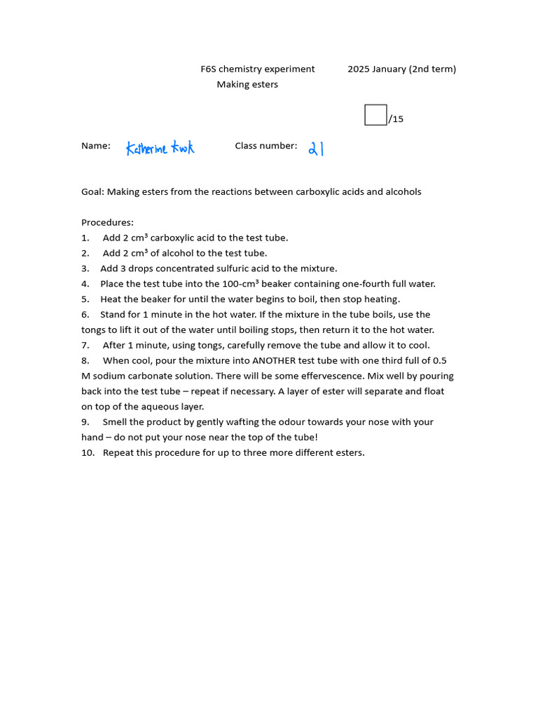 F6S Experiment Worksheet - Esterification | PDF | Ester | Acid