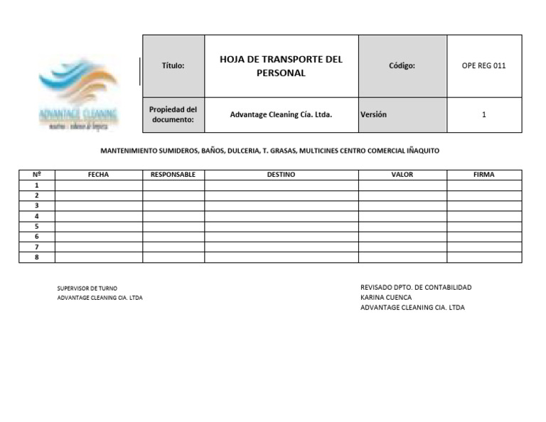 Hoja de Transporte de Personal de Limpieza | PDF