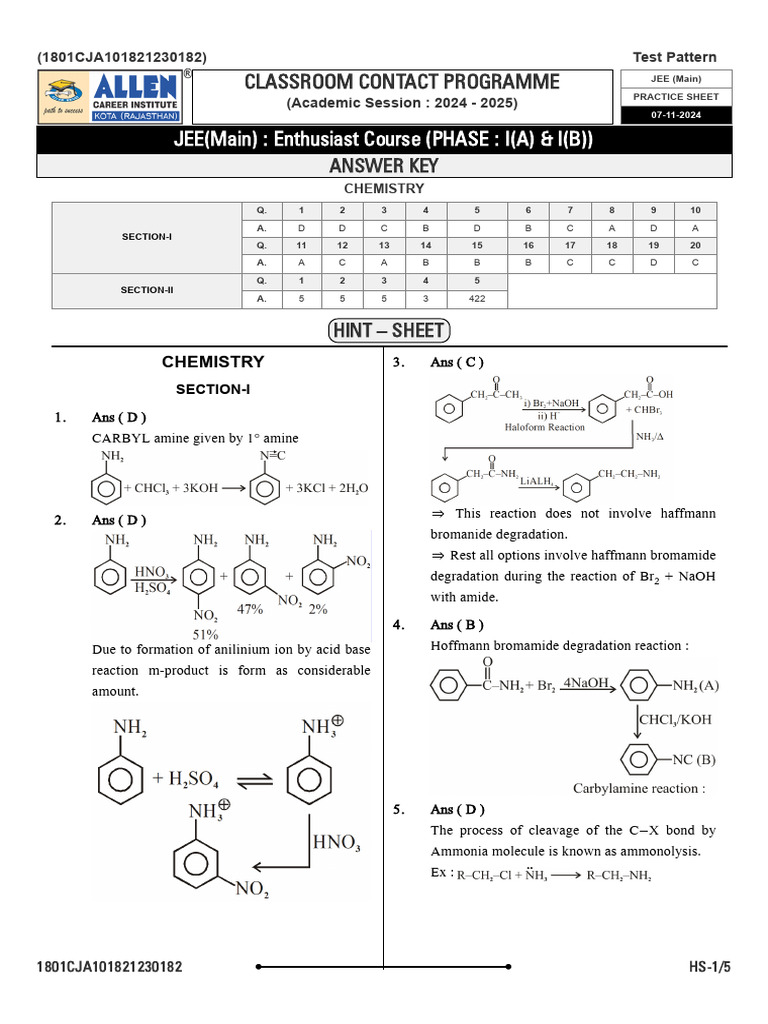 JEE (Main) : Enthusiast Course (PHASE: I (A) & I (B) ) : Classroom Contact Programme | PDF ...