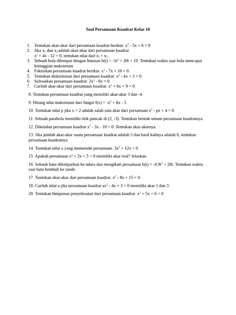 Soal Persamaan Kuadrat Kelas 10 | PDF