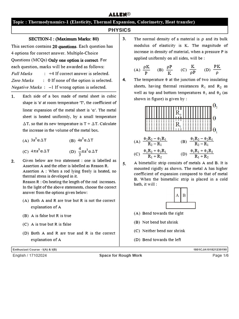 Full Marks Zero Marks Negative Marks: Physics | PDF | Thermal Expansion ...