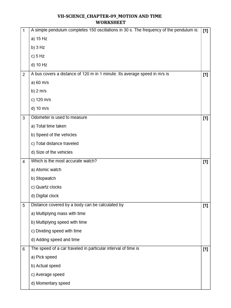 VII-Chapter-09_Worksheet | PDF | Speed | Pendulum