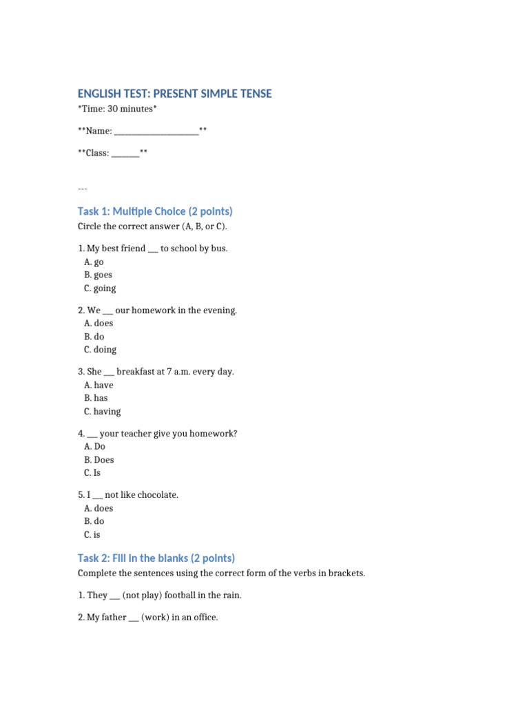 Present Simple Tense English Test | PDF | Language Families ...