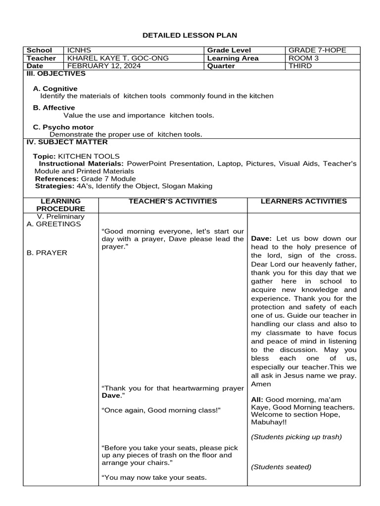 Grade 7 Lesson Plan: Kitchen Tools | PDF | Knife | Kitchen Utensil