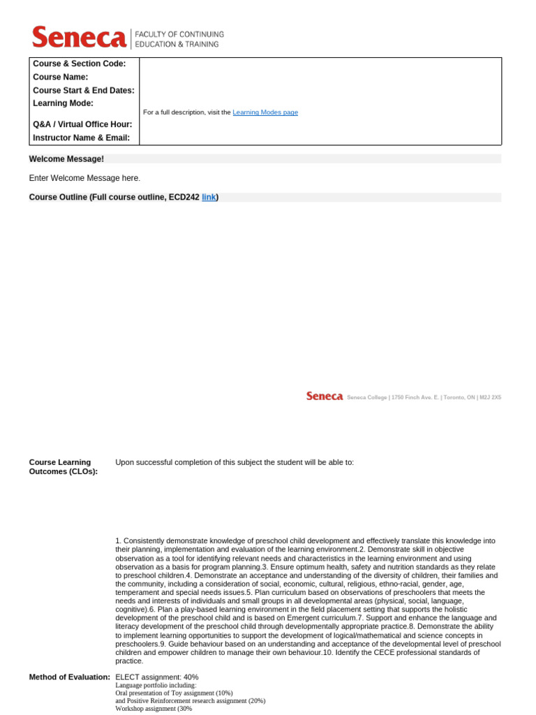 Early Childhood Education Course Outline | PDF | Academic Integrity ...