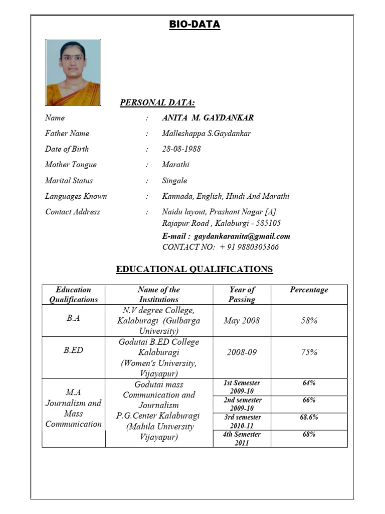 Anita Biodata | PDF | Languages Of India | Human Communication