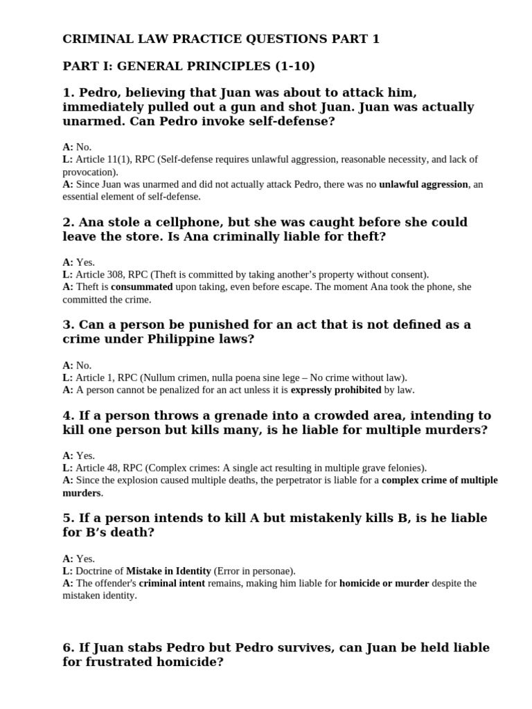 Criminal Law Practice Questions Part 1 | PDF | Crimes | Crime & Violence