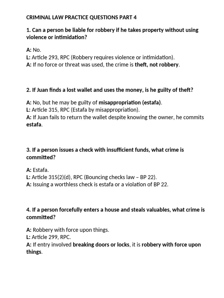 Criminal Law Practice Questions Part 4 | PDF