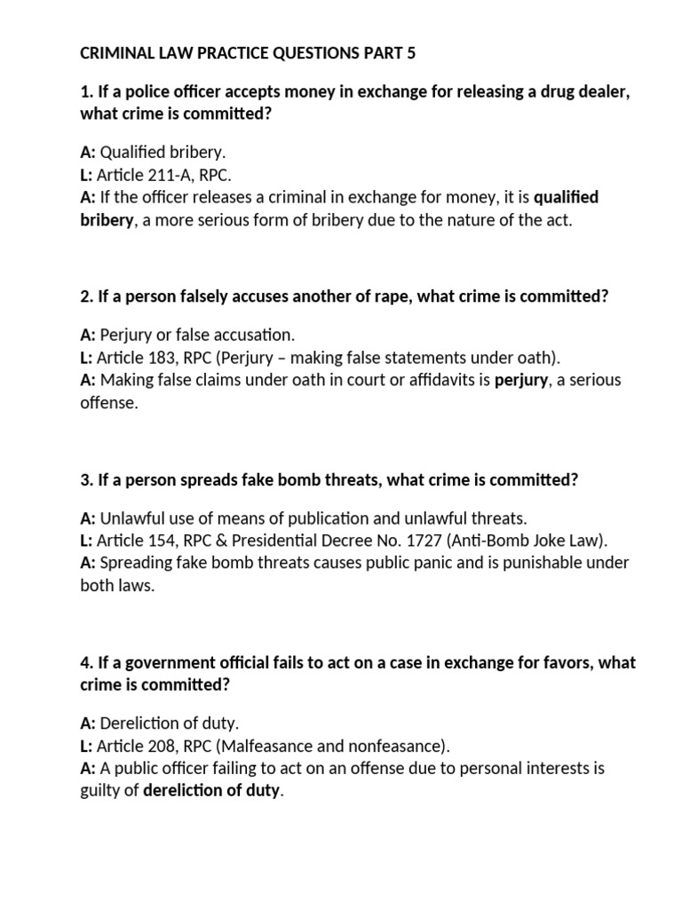 Criminal Law Practice Questions 5 | PDF | Crimes | Crime & Violence