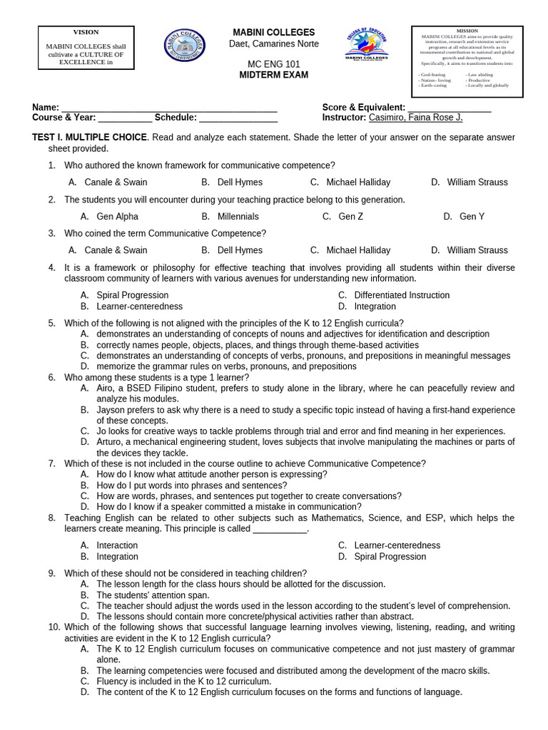 Midterm ENG 101 Answer Sheet | PDF | Curriculum | Communication